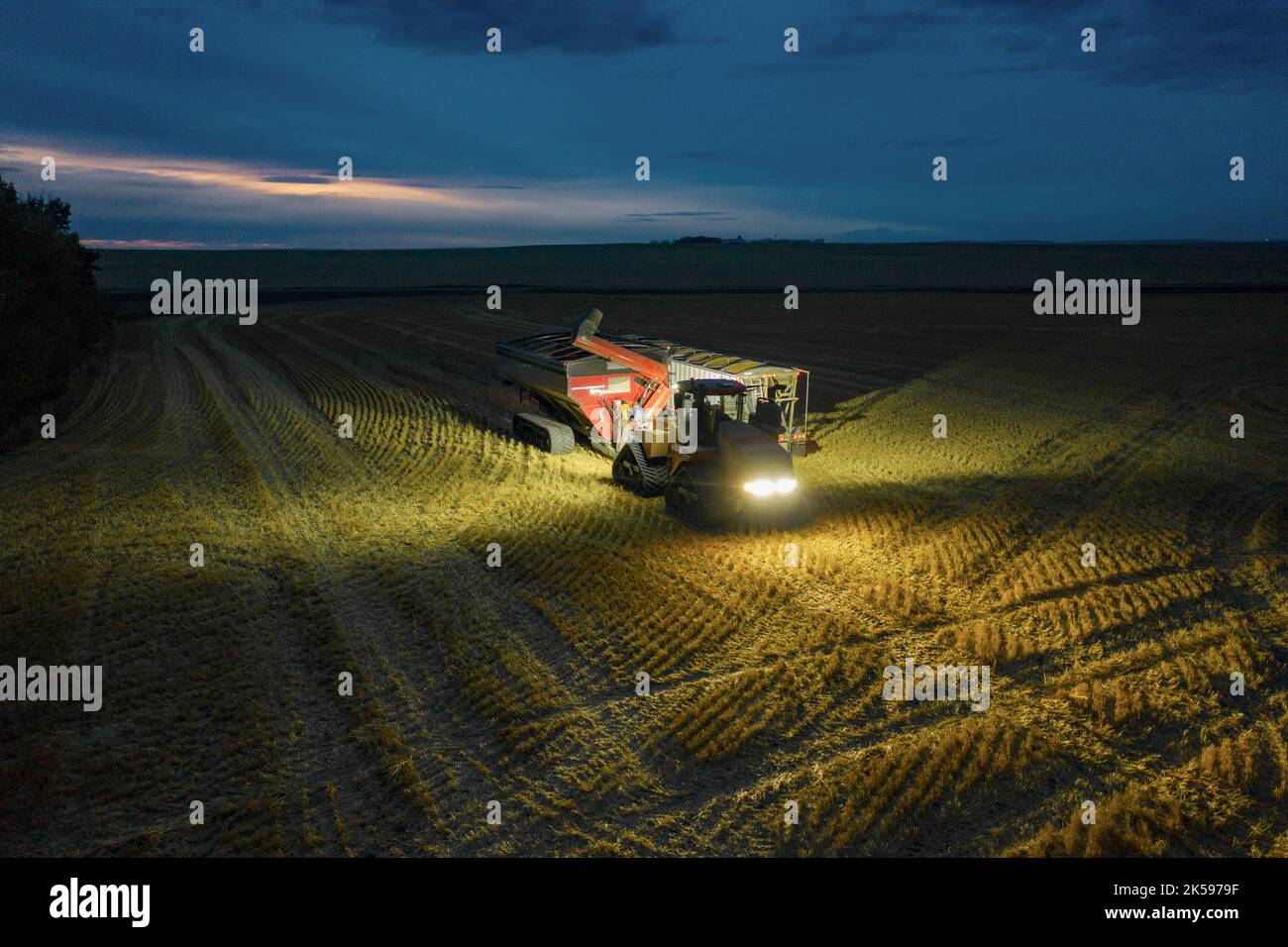 Combine harvester trailer in rural field at dusk hi-res stock ...