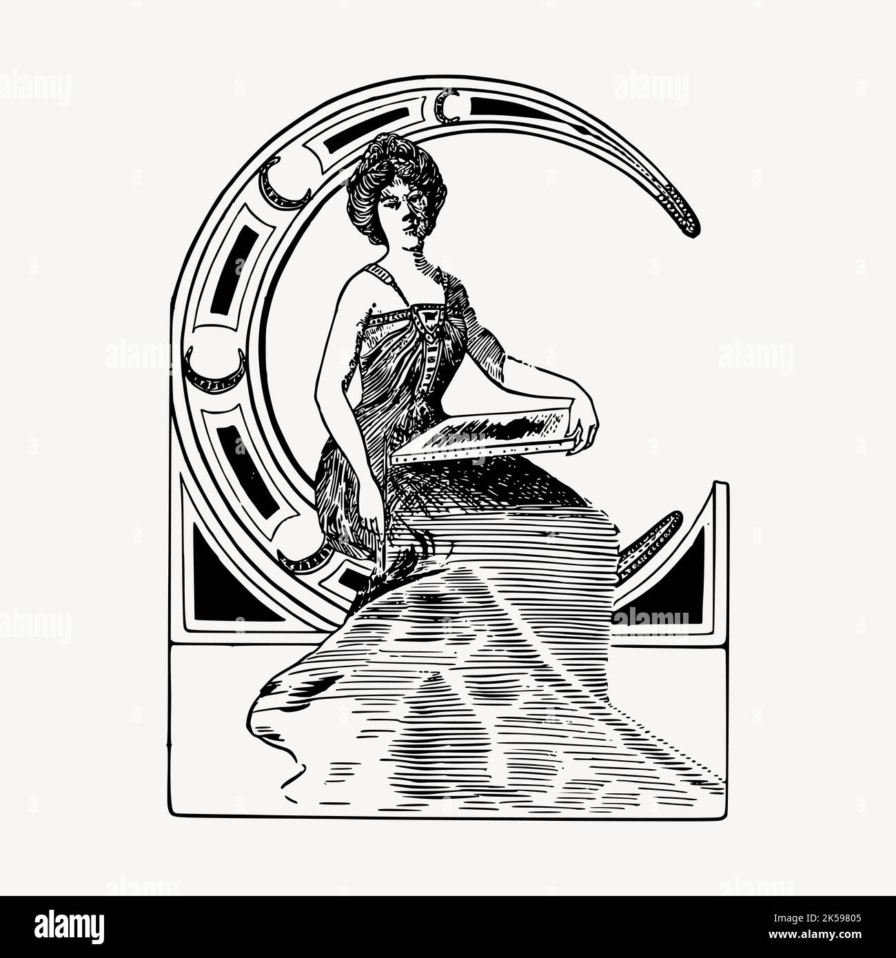 Lady sitting on crescent moon drawing, vintage illustration vector ...