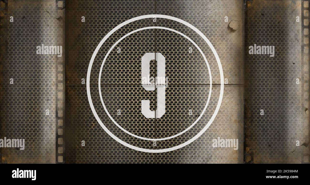 Composite of white colored number 9 text in circles over rusty metallic ...