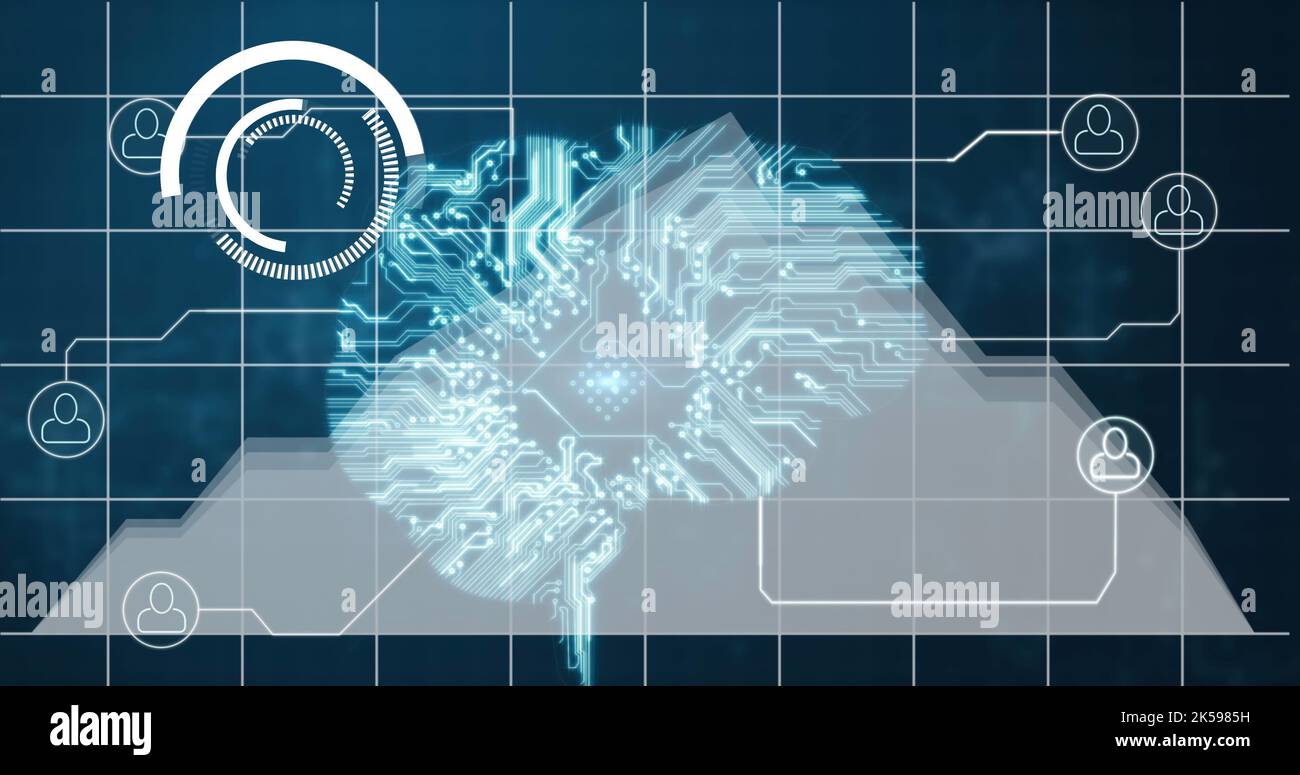 Illustration of profile icons connected with human brain and grid ...