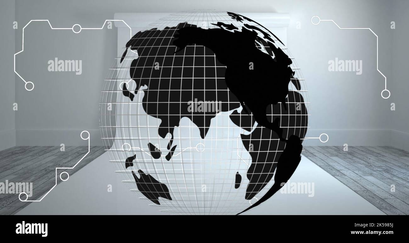 Composite of digital globe with grid and circuit board pattern against ...