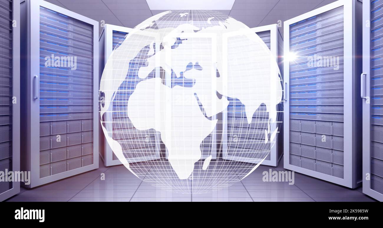Composite of digital globe over operational server racks, copy space ...