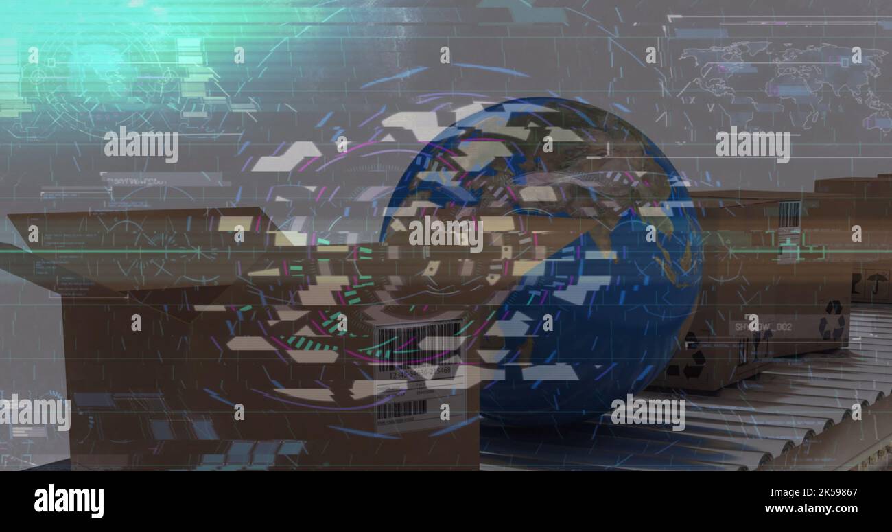 Composite of hud infographic interface over globe and cardboard boxes ...