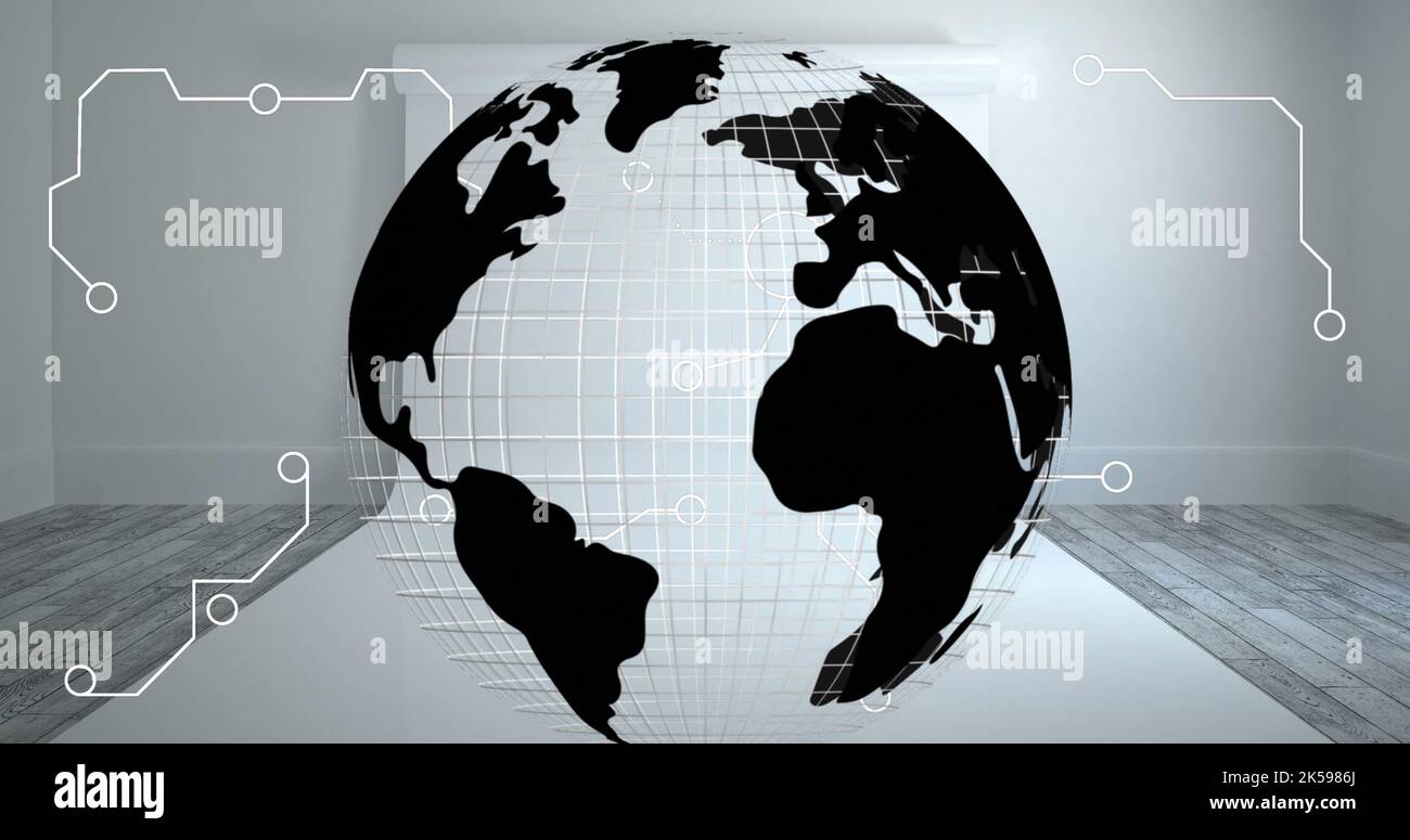 Composite of graphical globe with grid and circuit board pattern ...