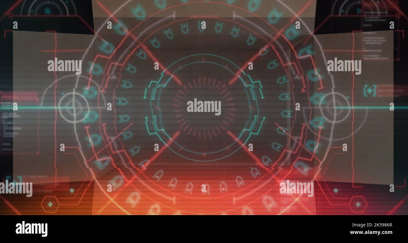 Composite of abstract patterns in circles and lens flare over open cardboard box Stock Photo - Alamy