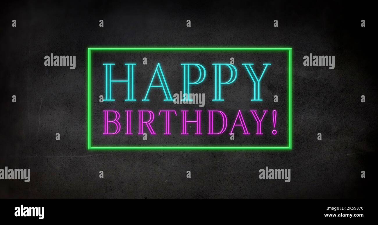 Illustration of happy birthday text in rectangle box against black ...