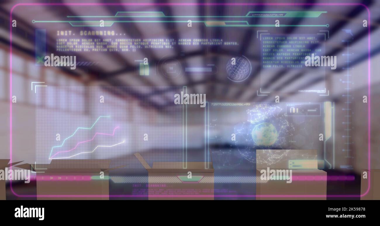 Composite of programming language, globe and multicolored graphs over empty warehouse Stock ...