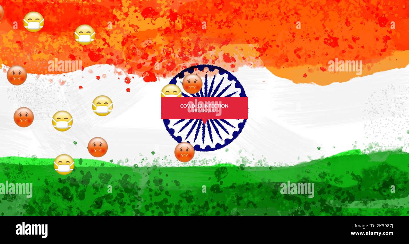 Illustration of multiple emoticons with masks over national flag of ...