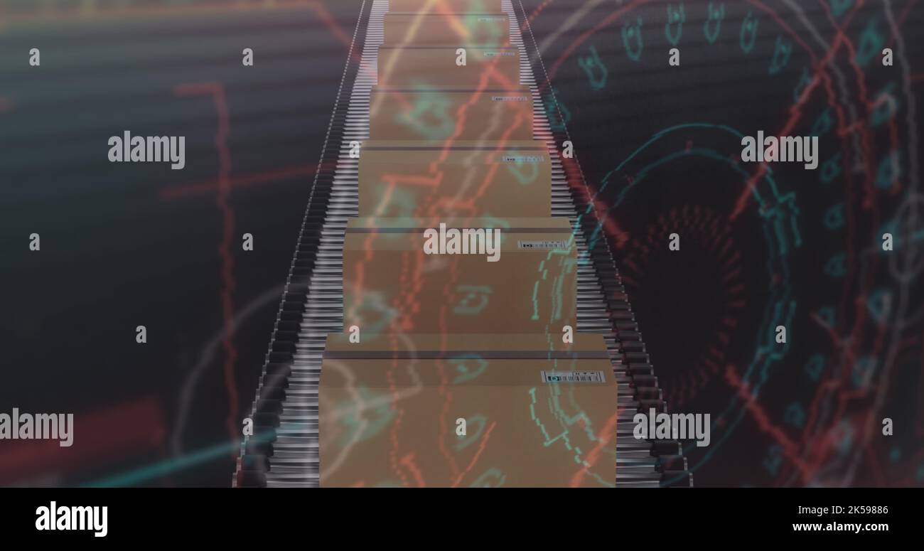 Composite of abstract patterns in circles over cardboard boxes in a row ...