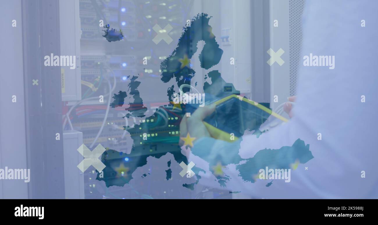 Composite of x signs and map over cropped hands of caucasian man using ...
