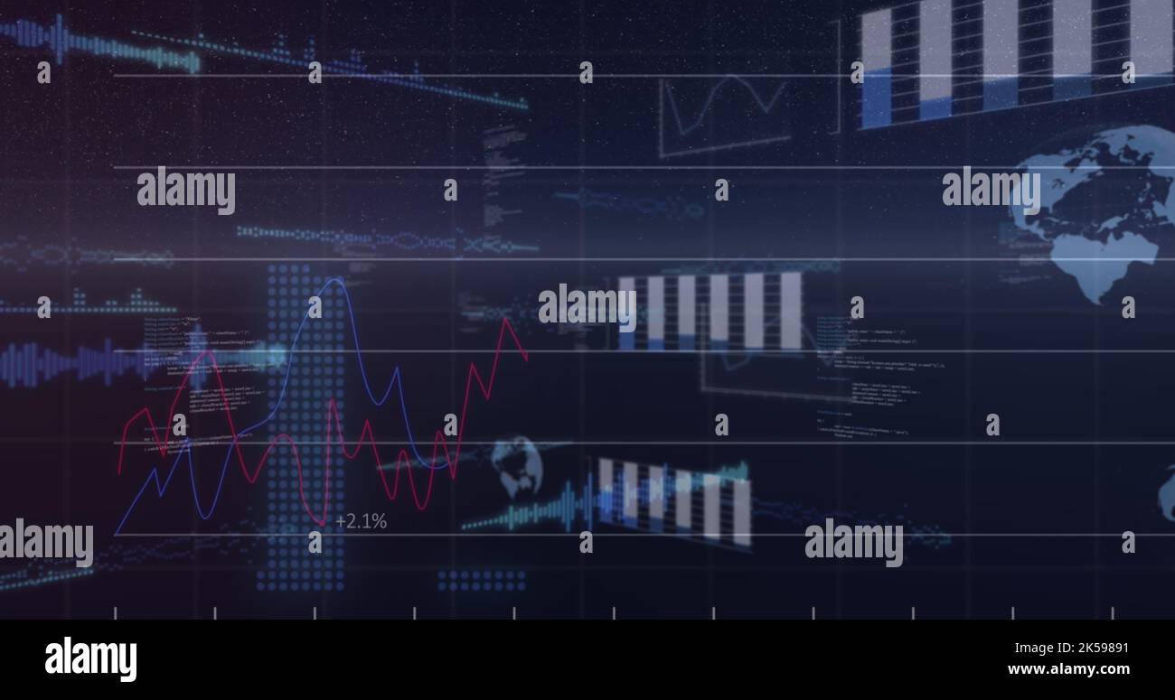 Illustration of multiple graphs with database, globe and map against ...