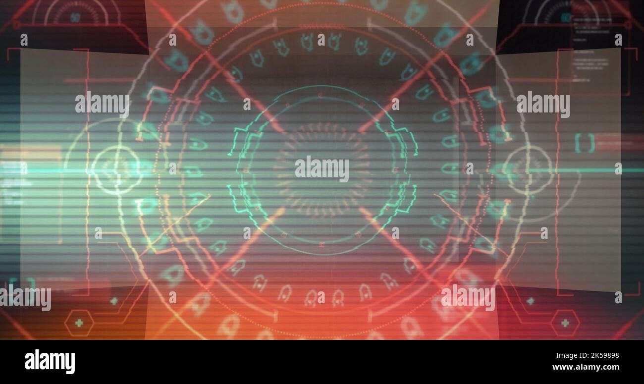 Composite of abstract patterns in circles with lens flare over open ...