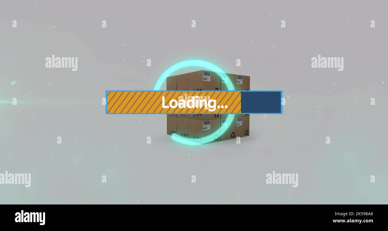 Composite of loading text with circle over cardboard boxes against ...