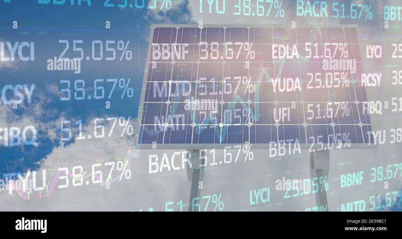 Image of stock market data processing over solar panel against blue sky ...