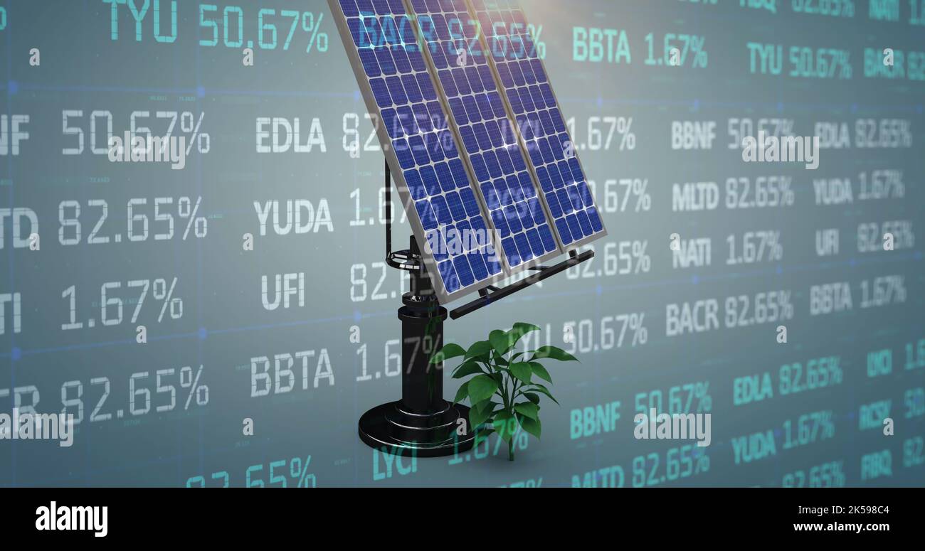 Image of stock market data processing over solar panel and plant sampling on blue background ...