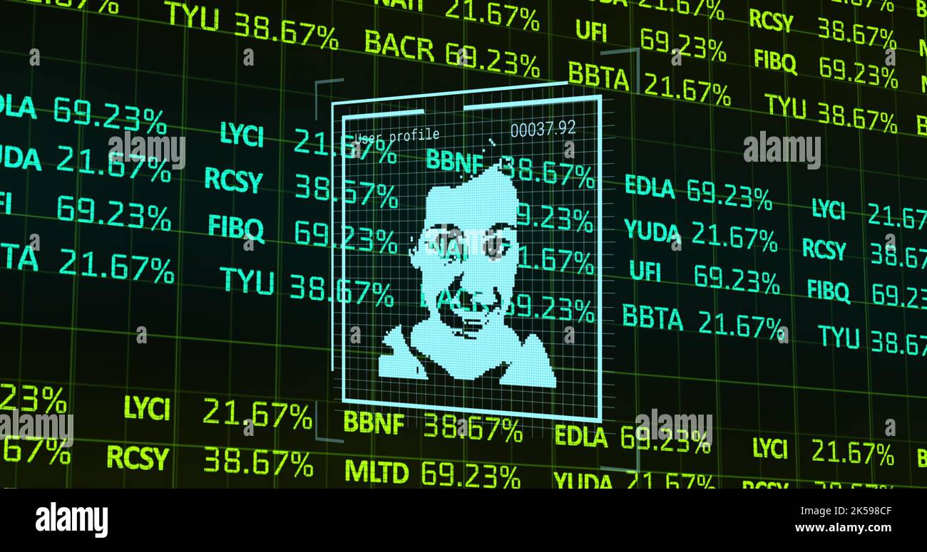 Image of stock market over people portraits icons on black background ...
