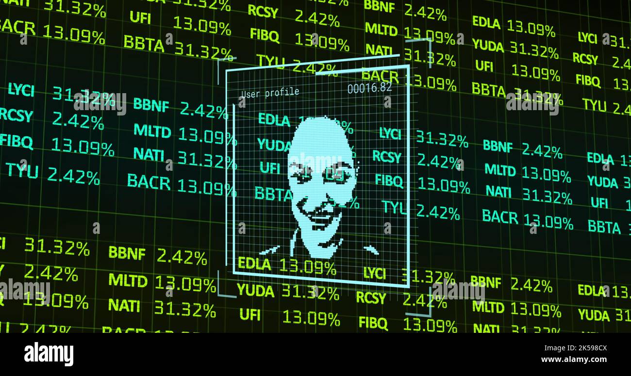 Image of stock market over people portraits icons on black background ...