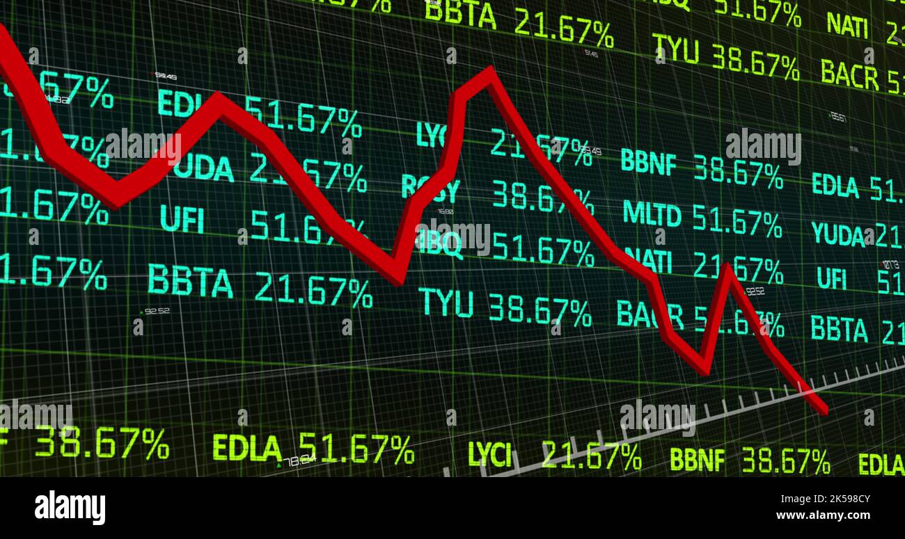 Digital image of red graph over stock market data processing against ...