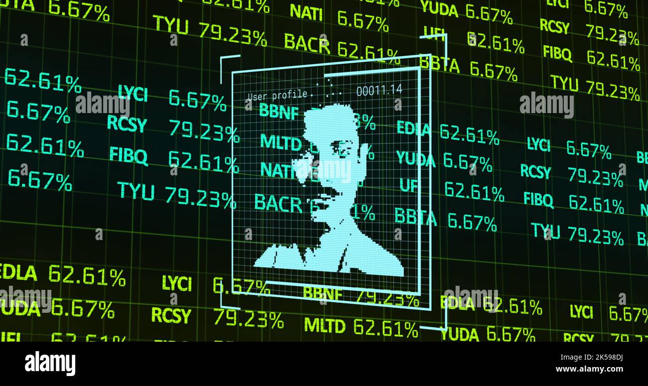 Image of stock market over people portraits icons on black background ...