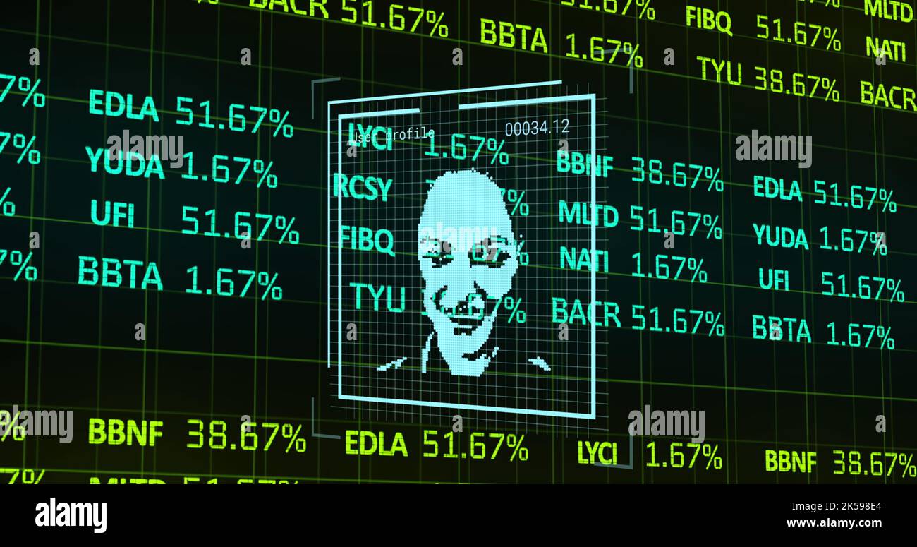 Image of stock market over people portraits icons on black background ...