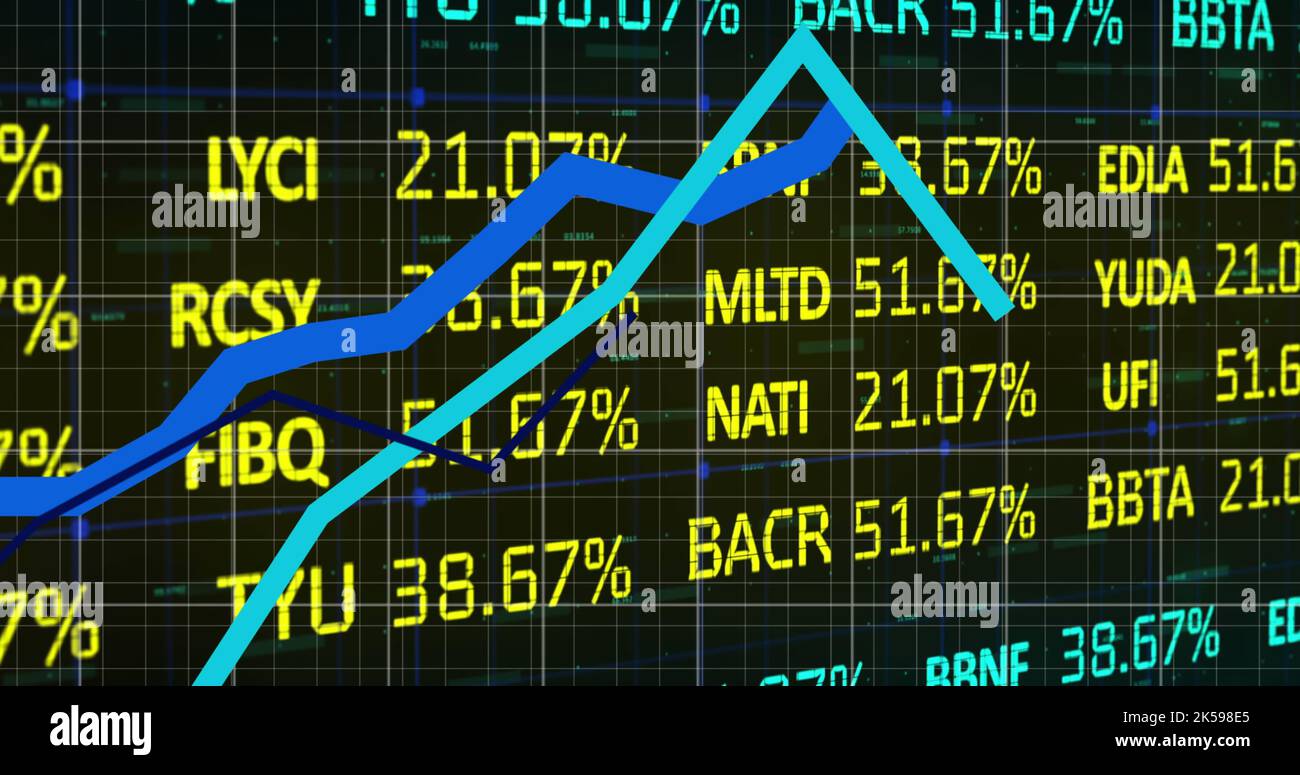 Digital image of blue graphs over stock market data processing against ...