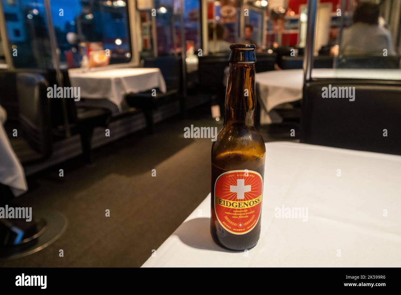25.06.2022, Germany, Lower Saxony, Bad Essen - Bottle of Swiss beer ...