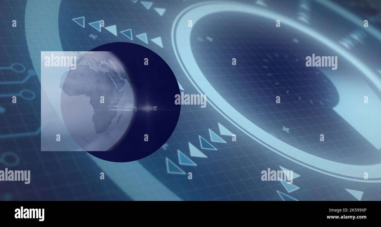 Image of globe over data processing with scope scanning on black background Stock Photo - Alamy