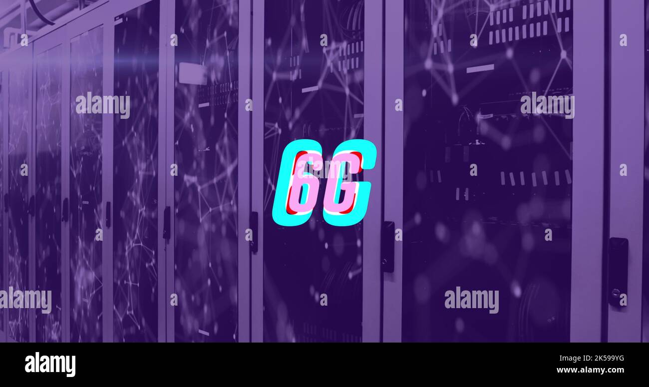 Image of 6g text with network of connections over server room Stock ...