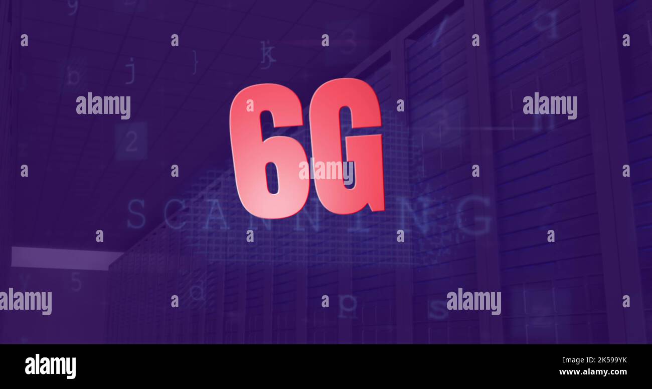 Image of 6g text with data processing over server room Stock Photo - Alamy