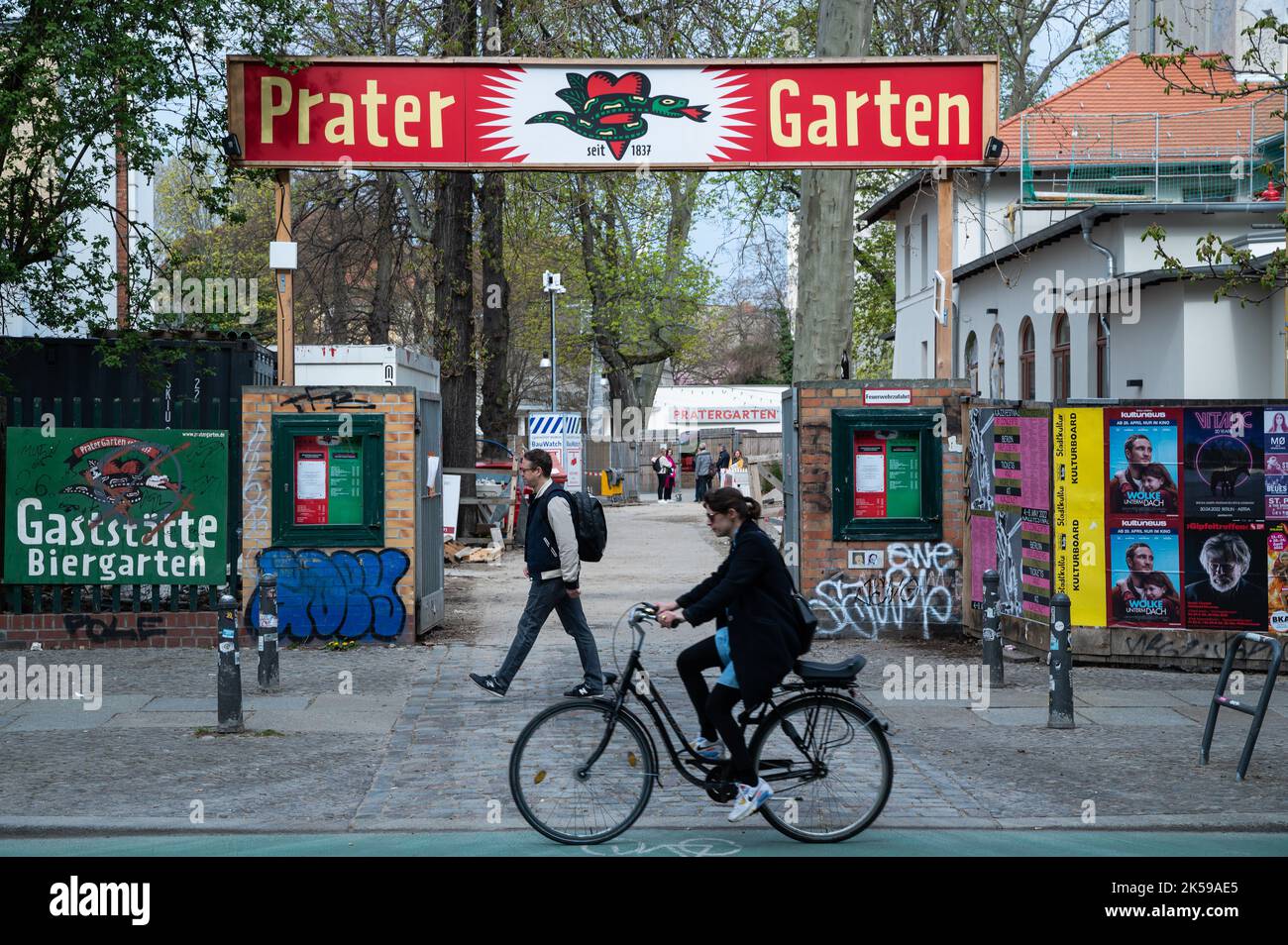 14.04.2022, Germany, Berlin - Entrance to the Berlin Prater beer garden ...