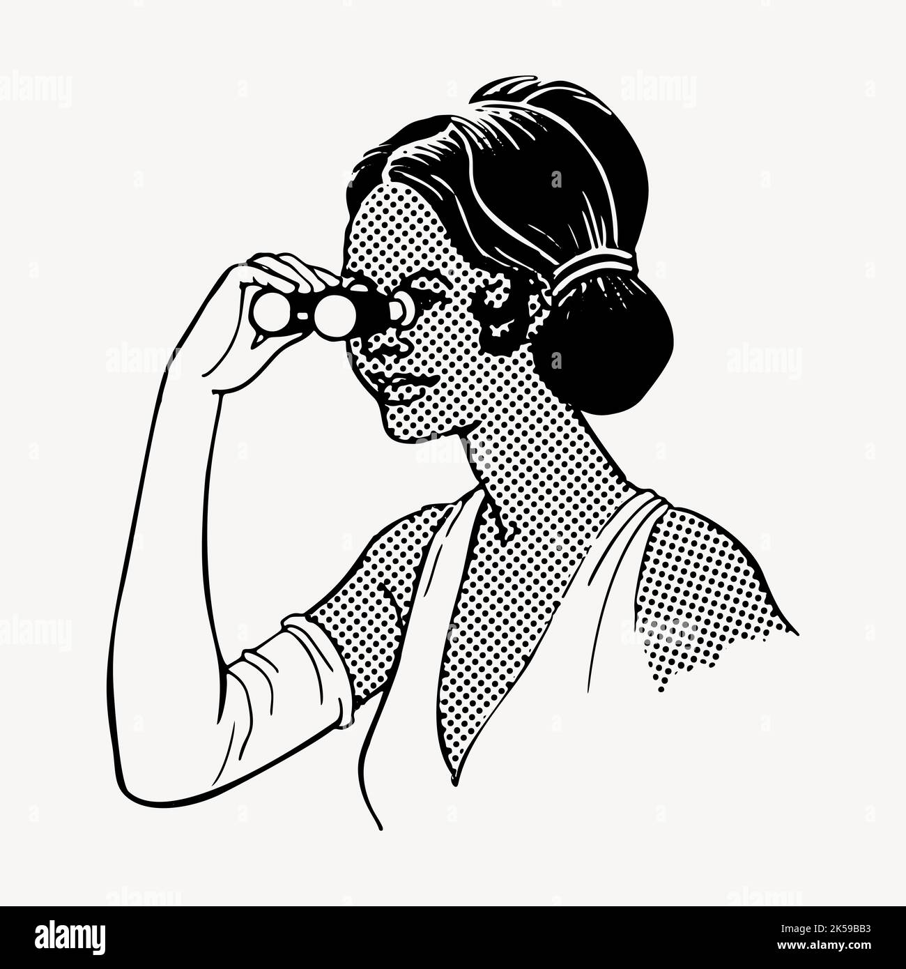 Woman looking through opera glasses drawing hi-res stock photography ...
