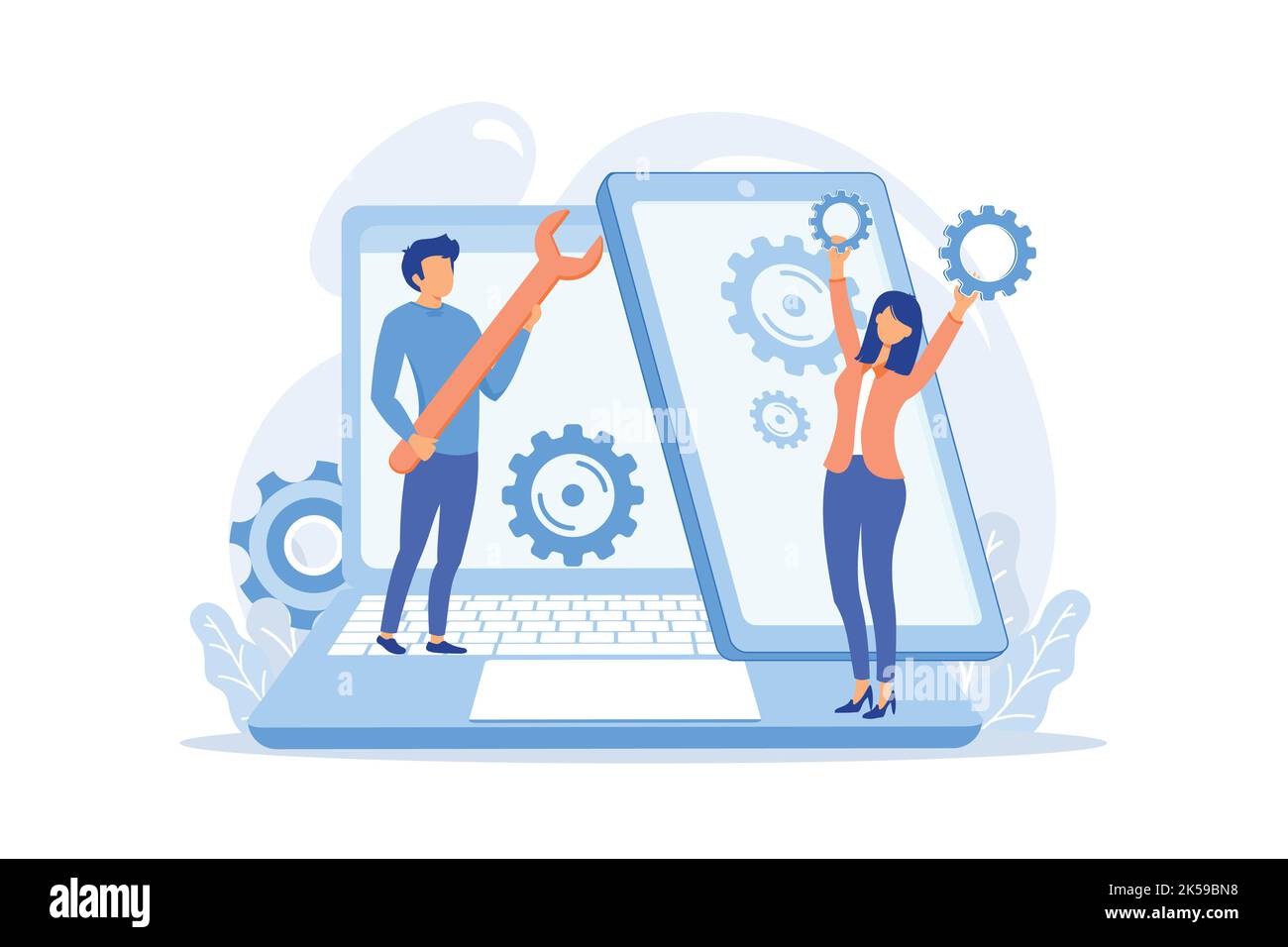 Service technicians with big wrench repairing smartphone screen with ...