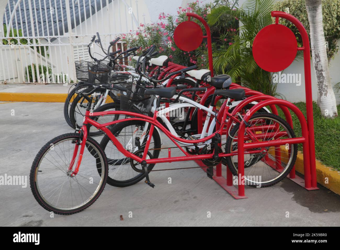 Bikes standing in a row on the city street Stock Photo - Alamy