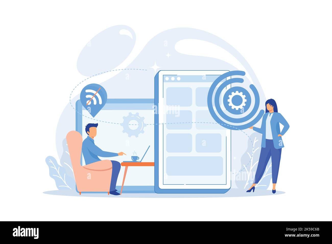 Developer working on web app on smartphone, user offline, tiny people. Progressive web app ...