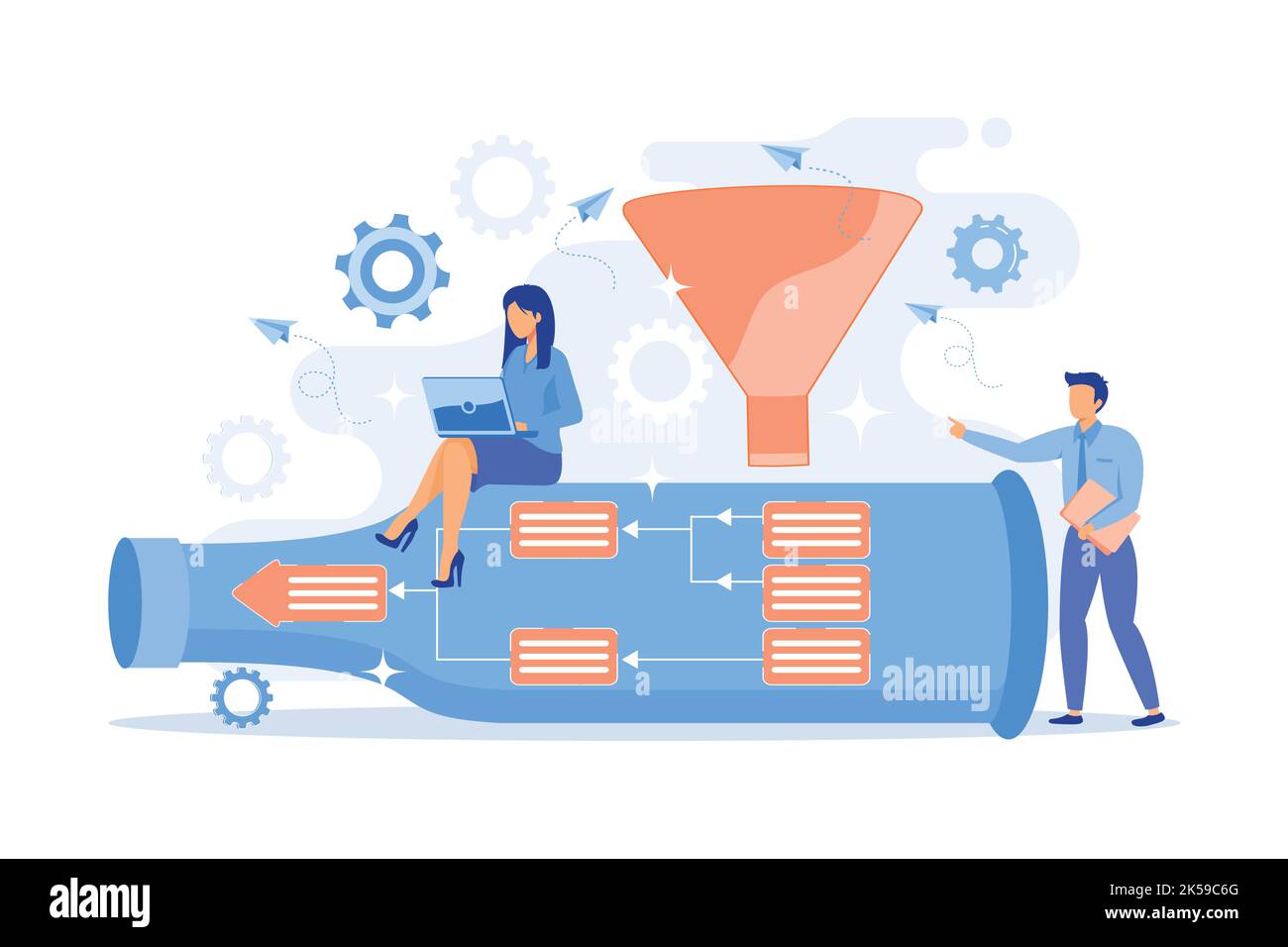 Tiny business people at bottle looking for system least capacity ...