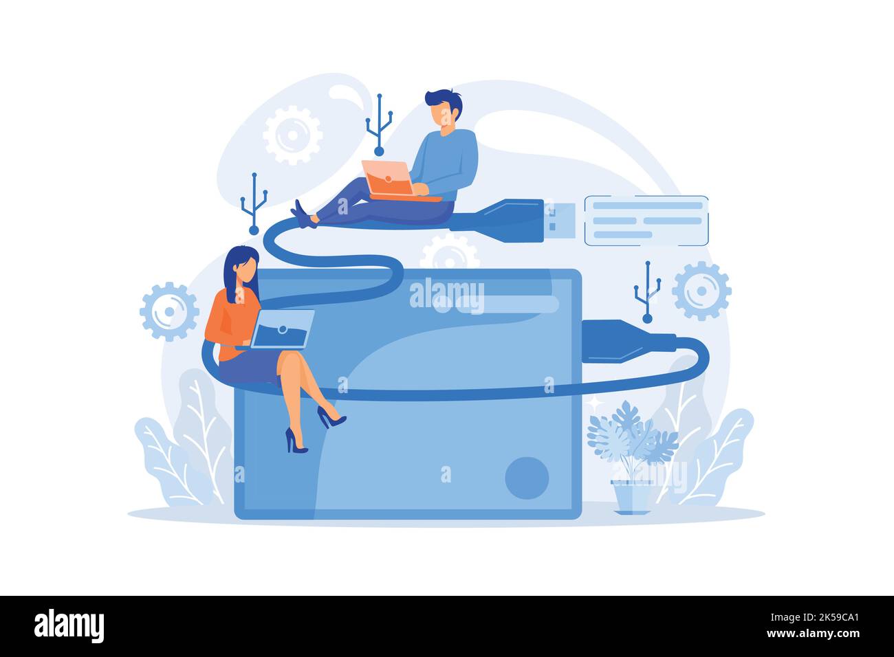 Tiny business people at laptops using portable external hard drive. External hard drive, data ...