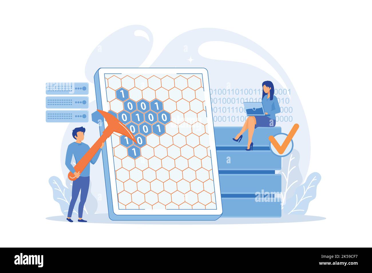 Tiny people, scientists at tablet with pickaxe mining. Data mining ...