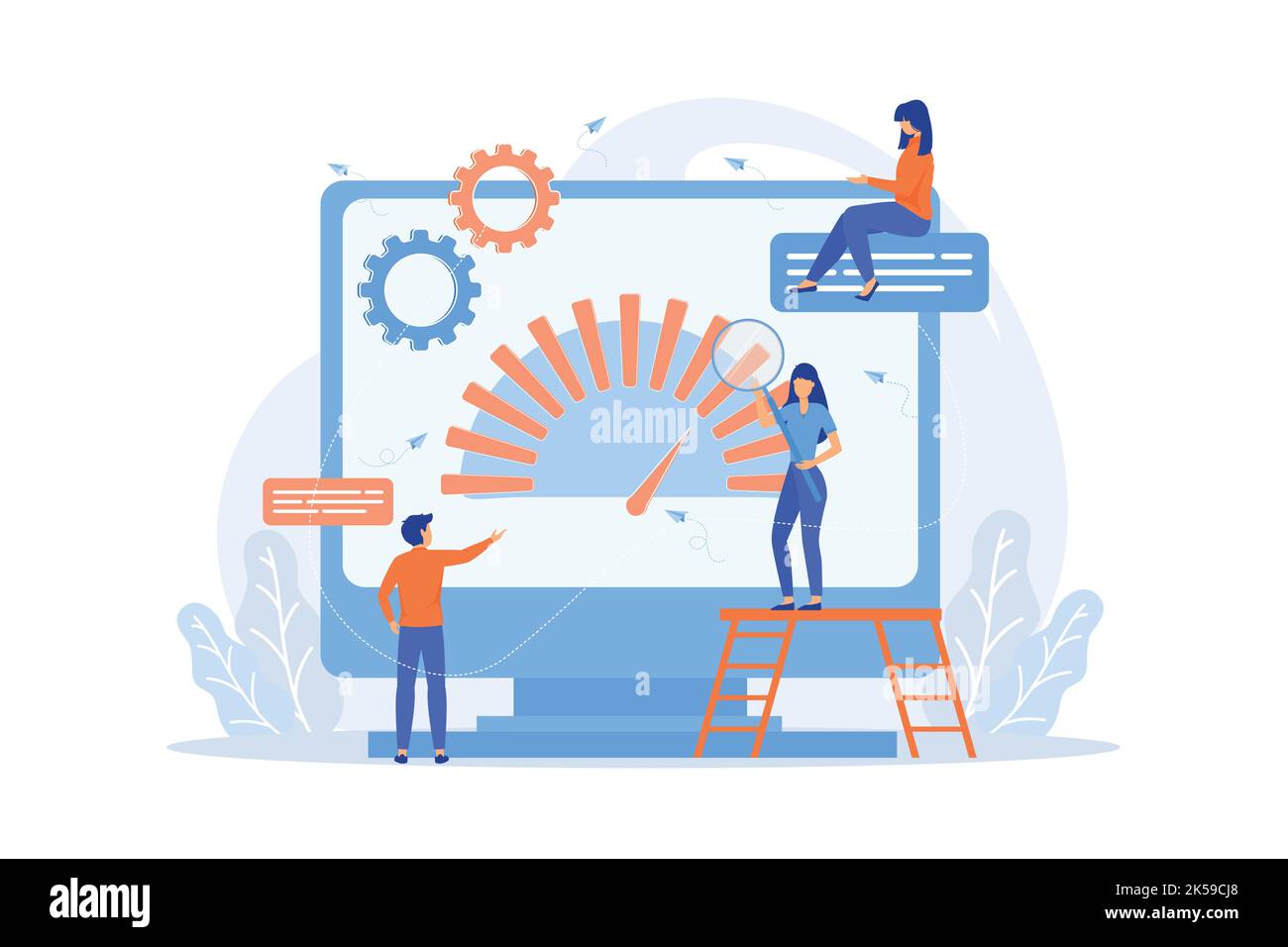 Tiny business people look at product performance indicator. Benchmark ...