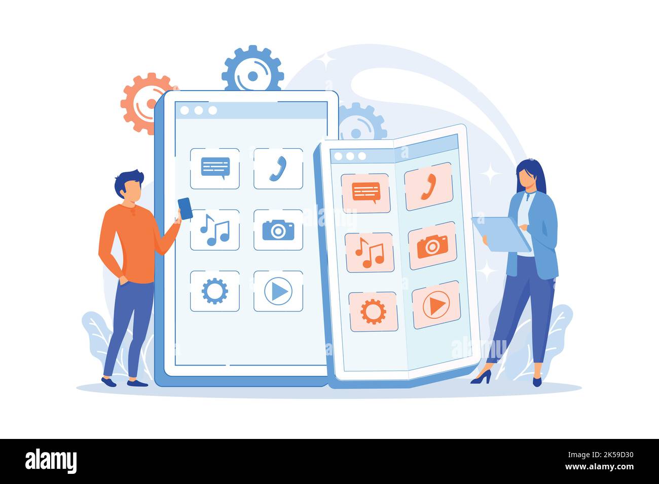 Tiny business people using smartphone with flexible screen. Foldable ...