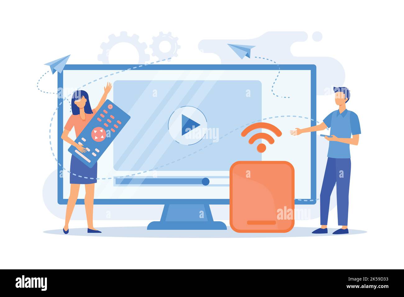 Tiny people watch video with remote control and television multimedia ...