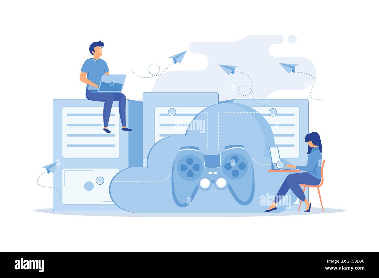 Two gamers playing computer connected with joystick. Gaming on demand ...