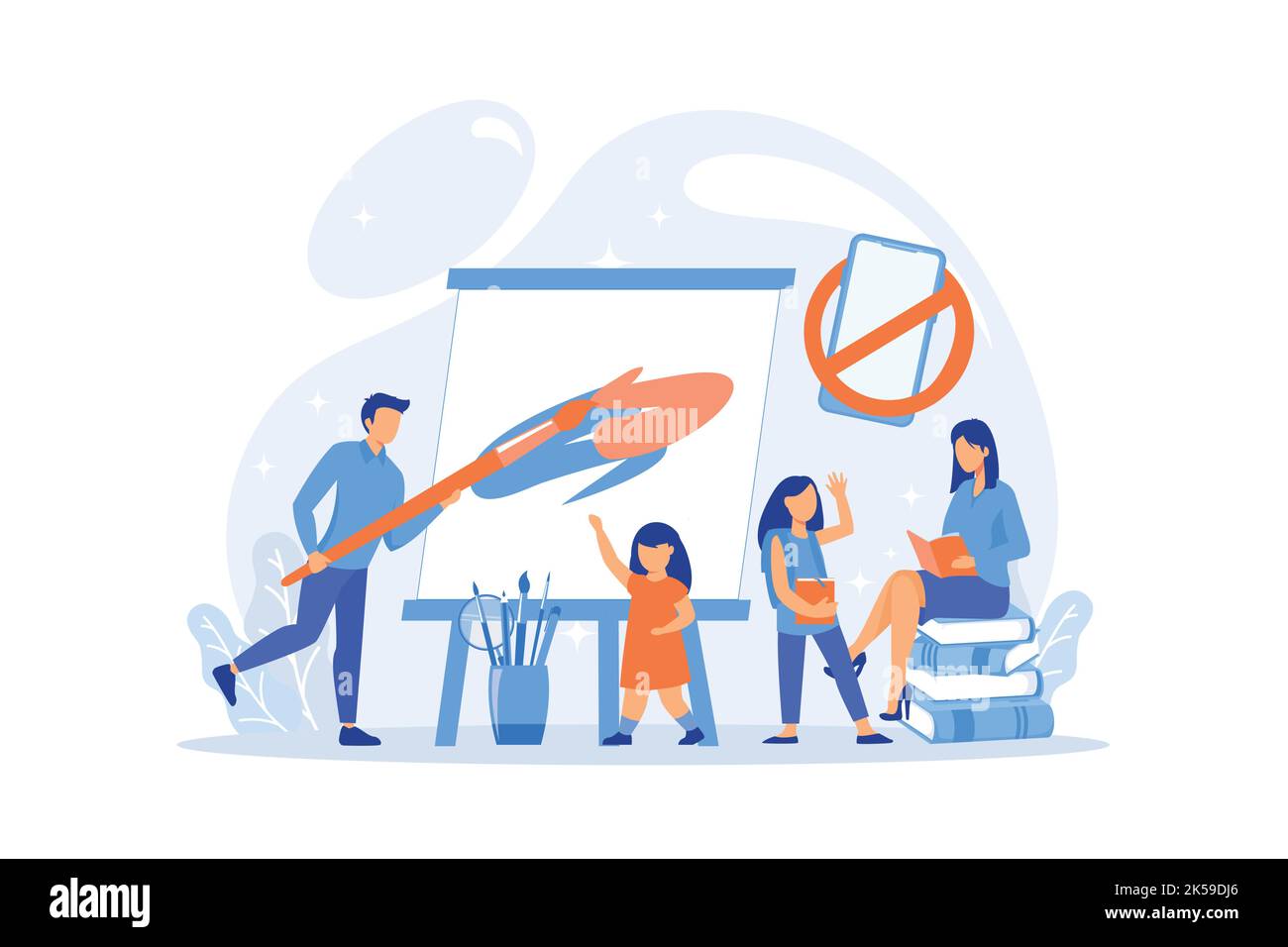 Tiny people parents paint and read books with children and no ...