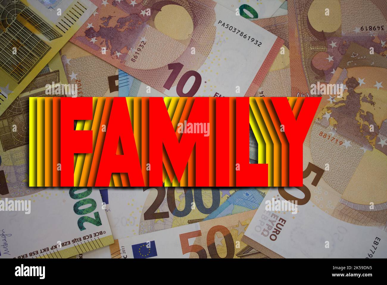Family word with money. Paper currency background with different ...