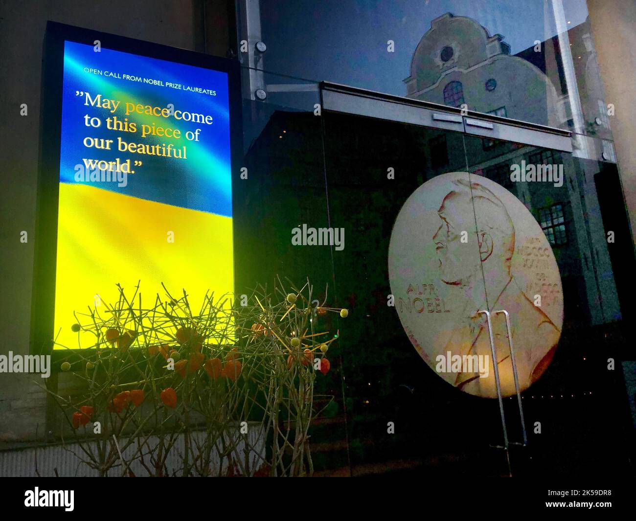 Stockholm, Sweden. 06th Oct, 2022. On a screen in front of the Nobel ...