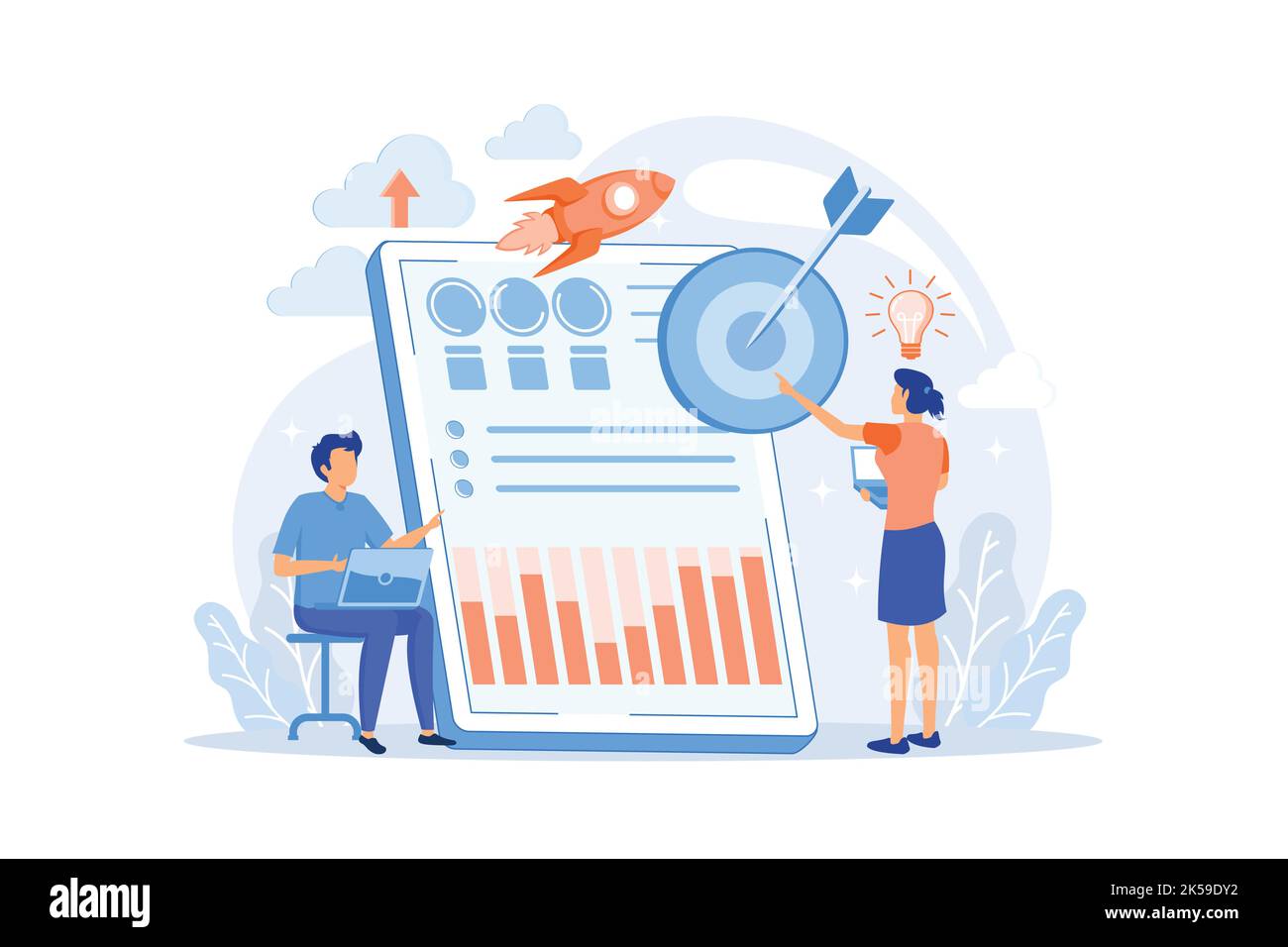 Tiny business analysts discussing ideas at laptop with data. Data ...