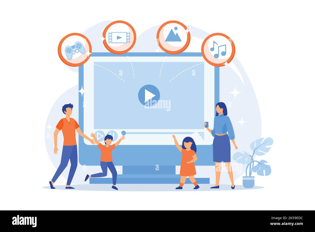 Tiny people family with kids watching smart television content. Smart ...