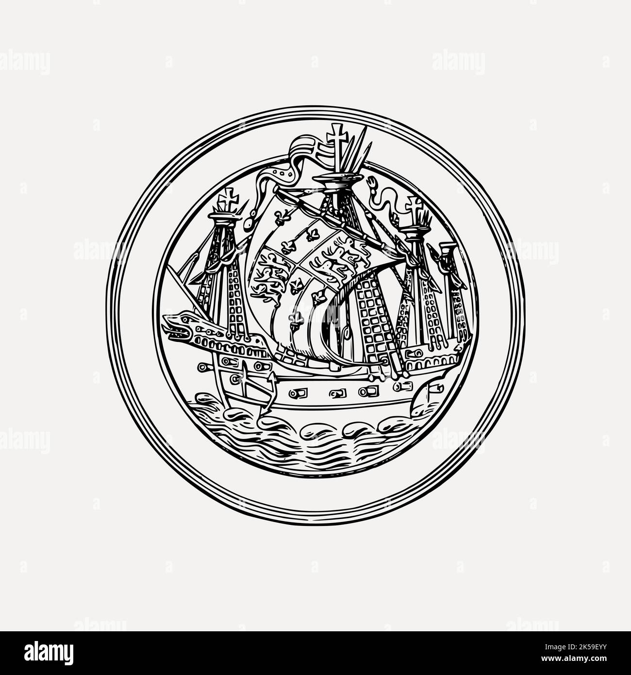 Ship badge collage element, antique adventure illustration vector Stock ...