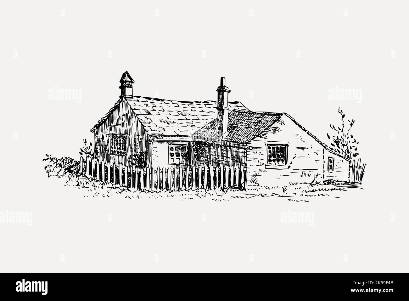 Vintage cottage drawing, countryside building illustration vector Stock ...