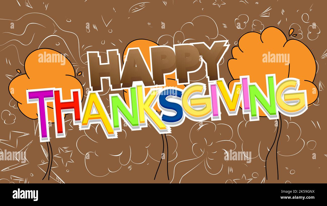 Thanksgiving. Word written with Children's font in cartoon style Stock ...