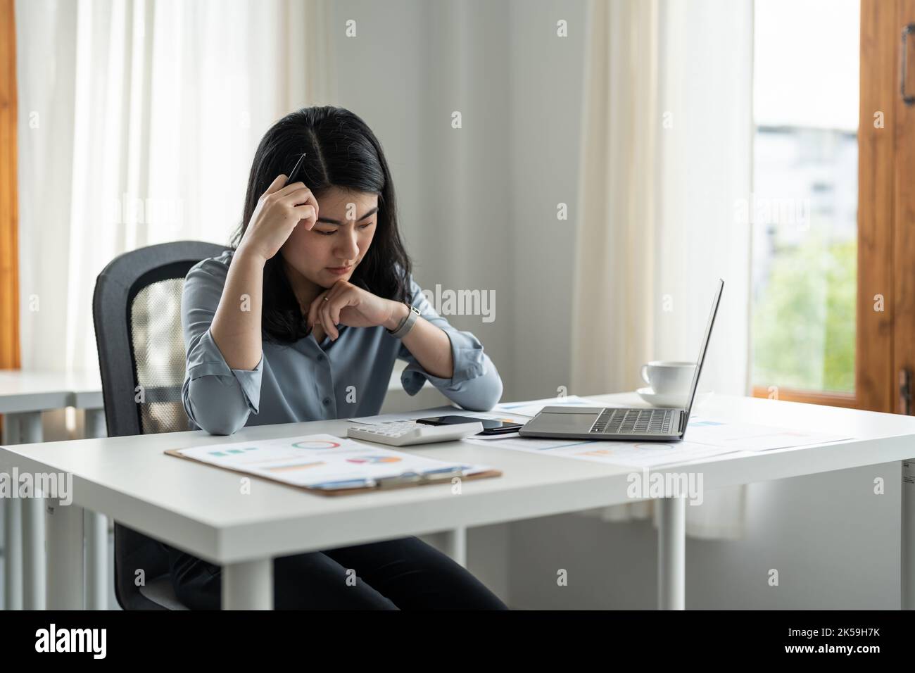 Young tired stressed overworked businesswoman freelancer exhausted after hard work, suffering ...